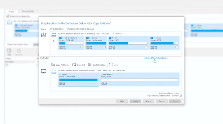 Managing Partitions in the Image Restore and Clone Wizards