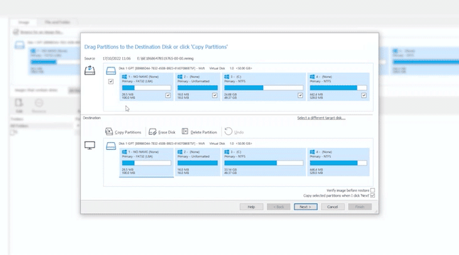 Managing Partitions in the Image Restore and Clone Wizards