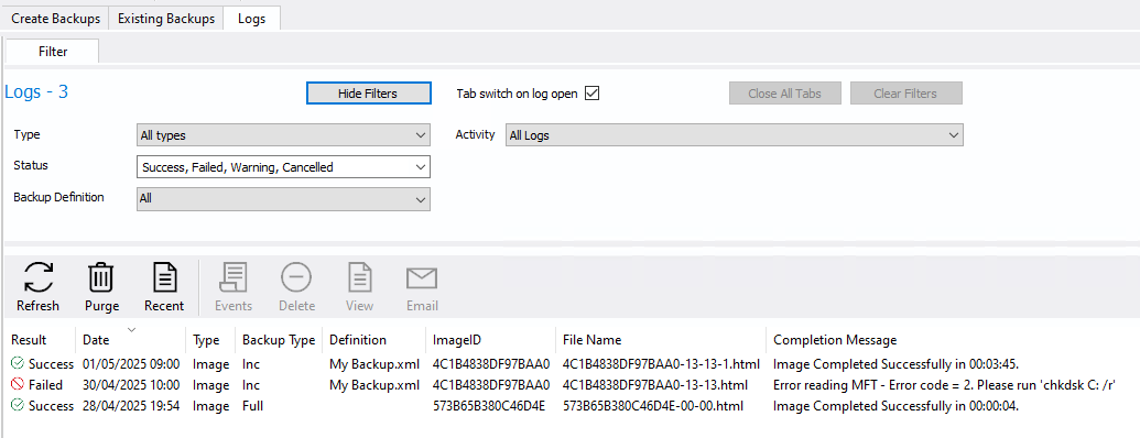 Viewing Macrium Reflect Log Files