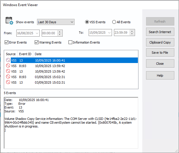 Viewing Windows VSS Events